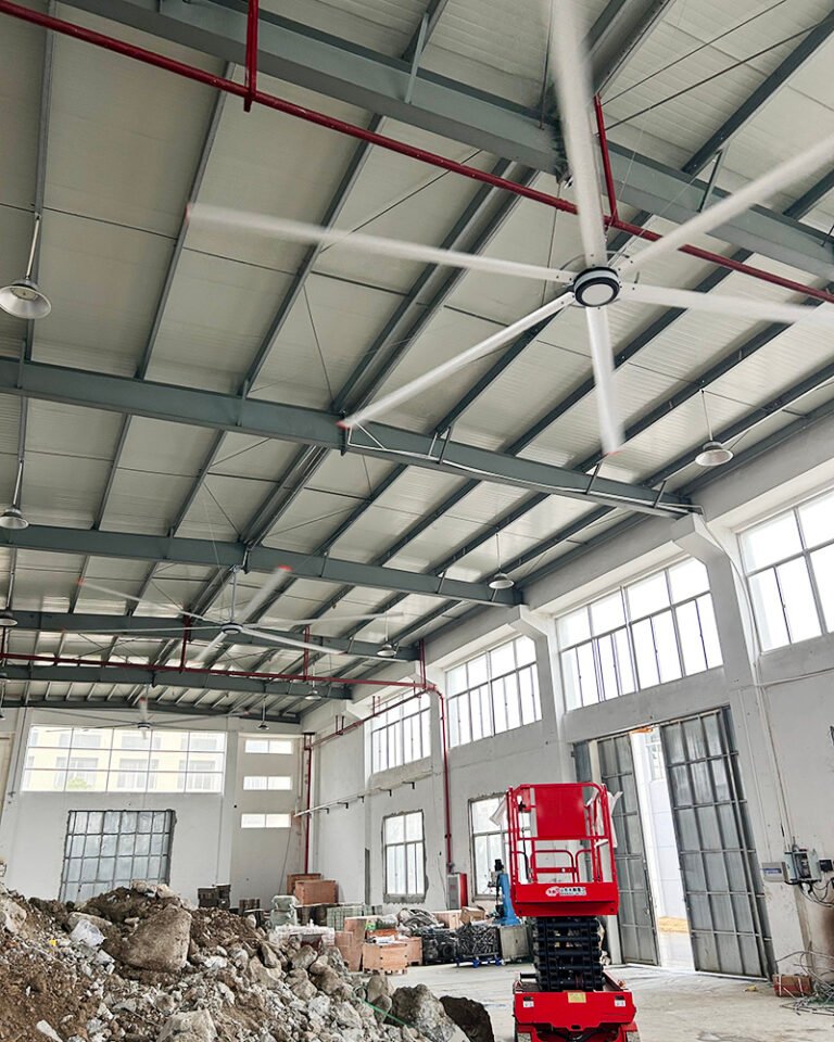 Installing HVLS ceiling fan using a lift truck
